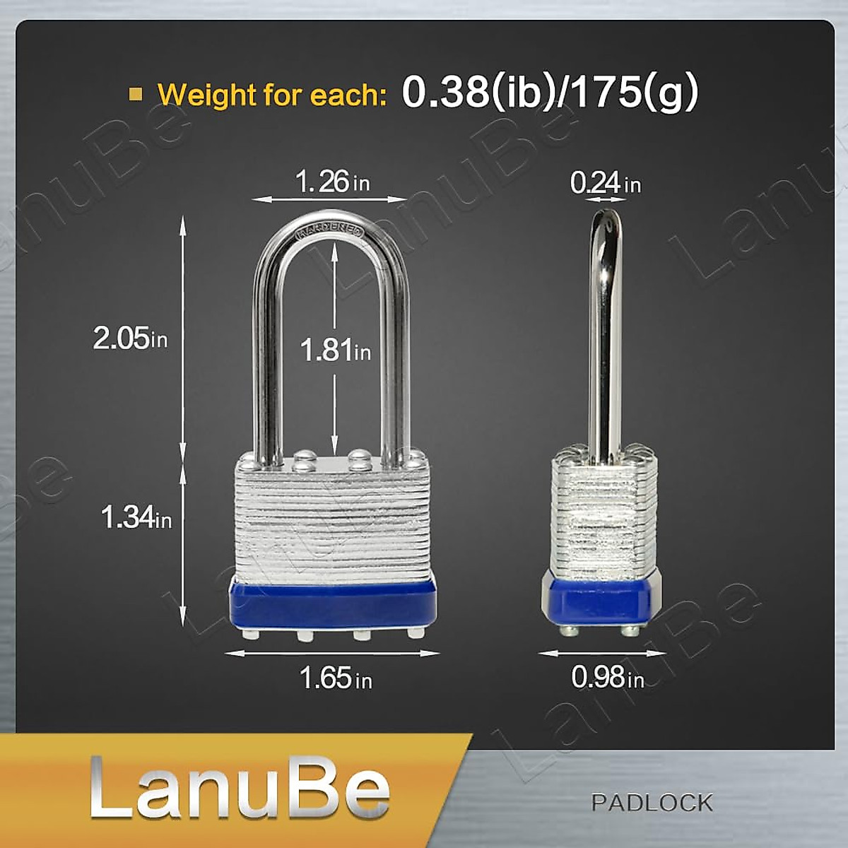 LanuBe Laminated keyed Padlock (1-9/16", 40mm), keyed Alike Locks, Long Shackle,Marked Blue Plastic Hoop, Pack of 6…