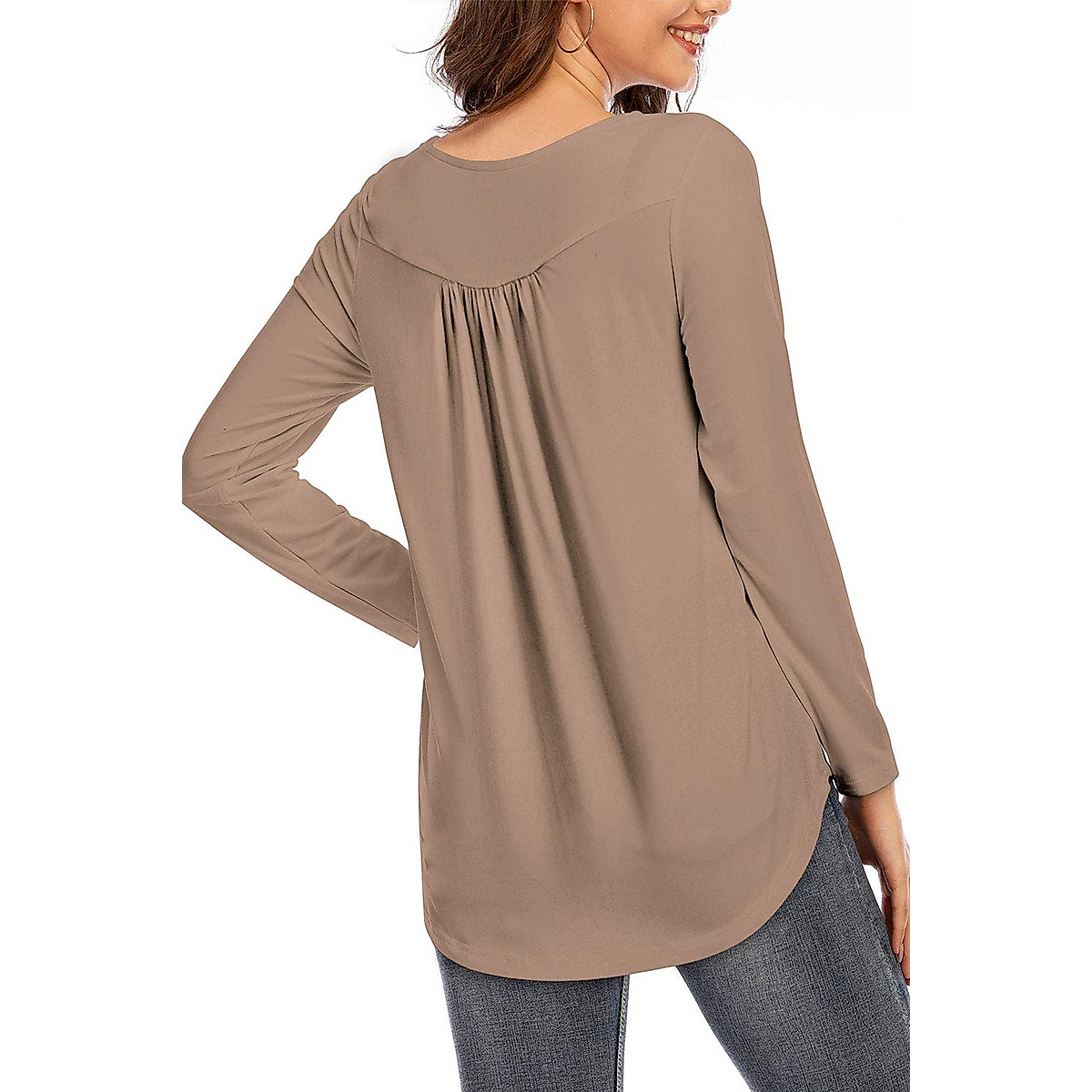 Beauhuty Womens Long Sleeve Tops Casual Henley V-Neck Loose Fit Pleated Tunic Shirt Blouses (Long-Light Coffee,S)