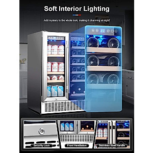 AAOBOSI 24 Inch Wine and Beverage Refrigerator - 19 Bottles & 57 Cans Capacity Dual Zone Wine Cooler - Wine Fridge Built in Counter or Freestanding - 2 Safety Locks and Blue Interior Light