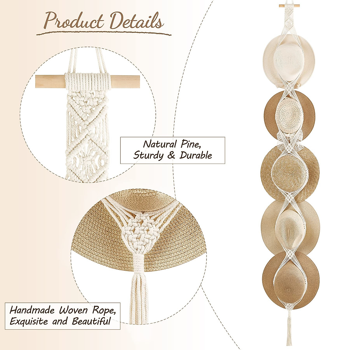 Dahey Macrame Hat Hangers Hat Rack for Wall Cowboy Hat Organizer Hanging Display Hand Weaving Bobo Hat Holder Western Decor for Wide Brim Hats Bowler Fedora Hats, 5 Hats Style