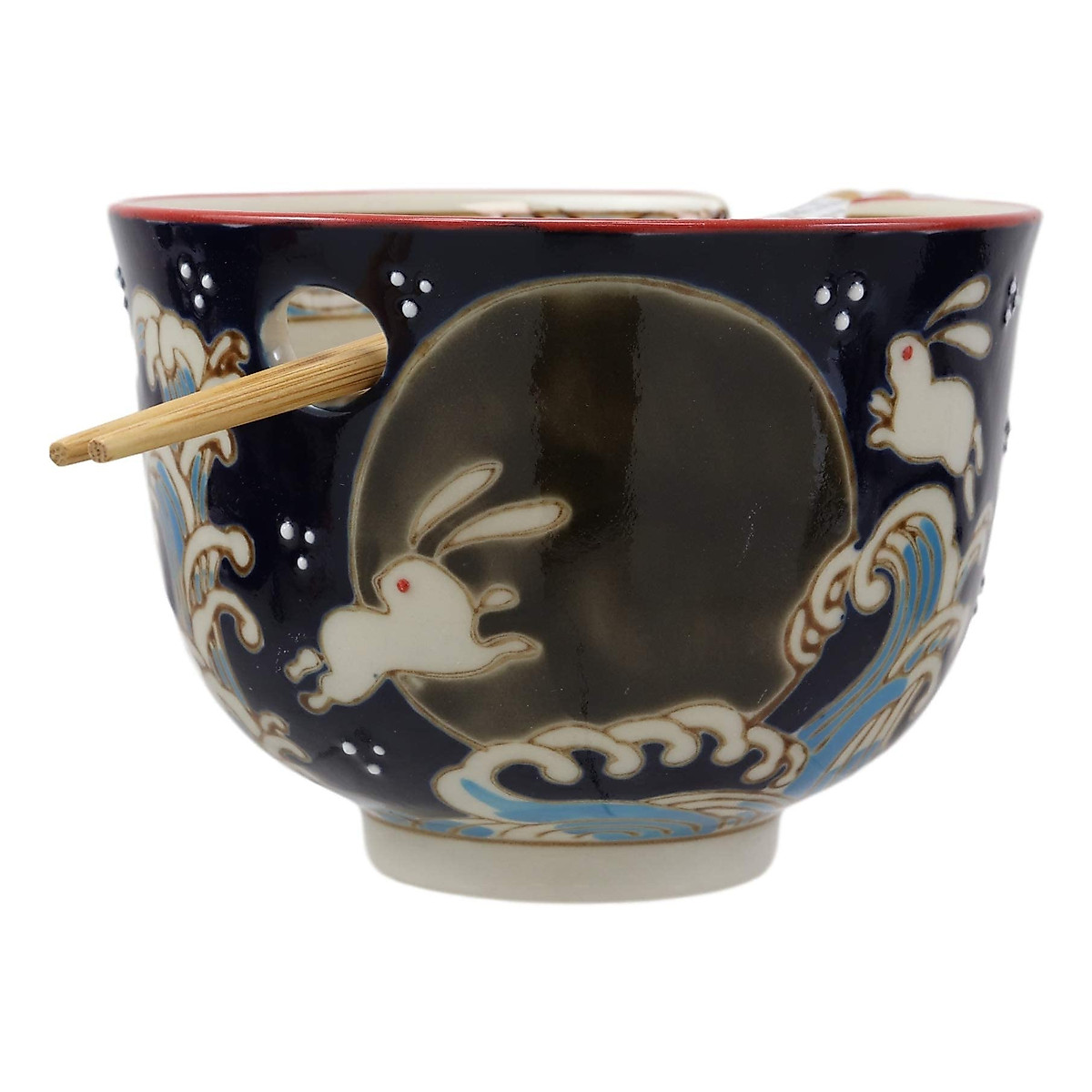 Ebros Gift Rabbits Jumping Over The Full Moon Ramen Udong Noodles 5" Diameter Bowl With Built In Chopsticks Rest and Bamboo Chopstick Set for Dining Soup Rice Meal Bowls Decor Kitchen