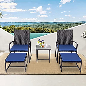 J-SUN-7 5-Piece Patio Furniture Conversation Set PE Rattan All Weather Cushioned Chairs Bistro Set with Ottoman and Glass Coffee Side Table for Balcony Porch, Dark Blue