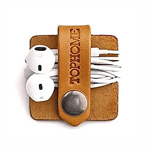 TOPHOME Cord Organizer Earbud Holder Earphones Headphones Winder Keeper Earbuds Case Storage Wrap Headset Genuine Leather Cable Organizer, Orange Yellow