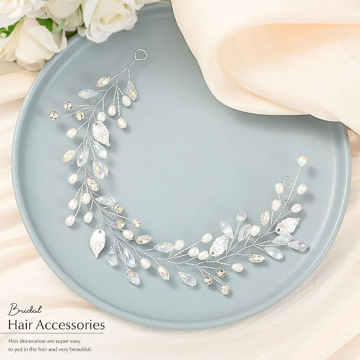 Catery Leaf Bride Wedding Headband Silver Crystal Pearl Hair Vine Braid Headpiece Bridal Hair Accessories for Women and Girls