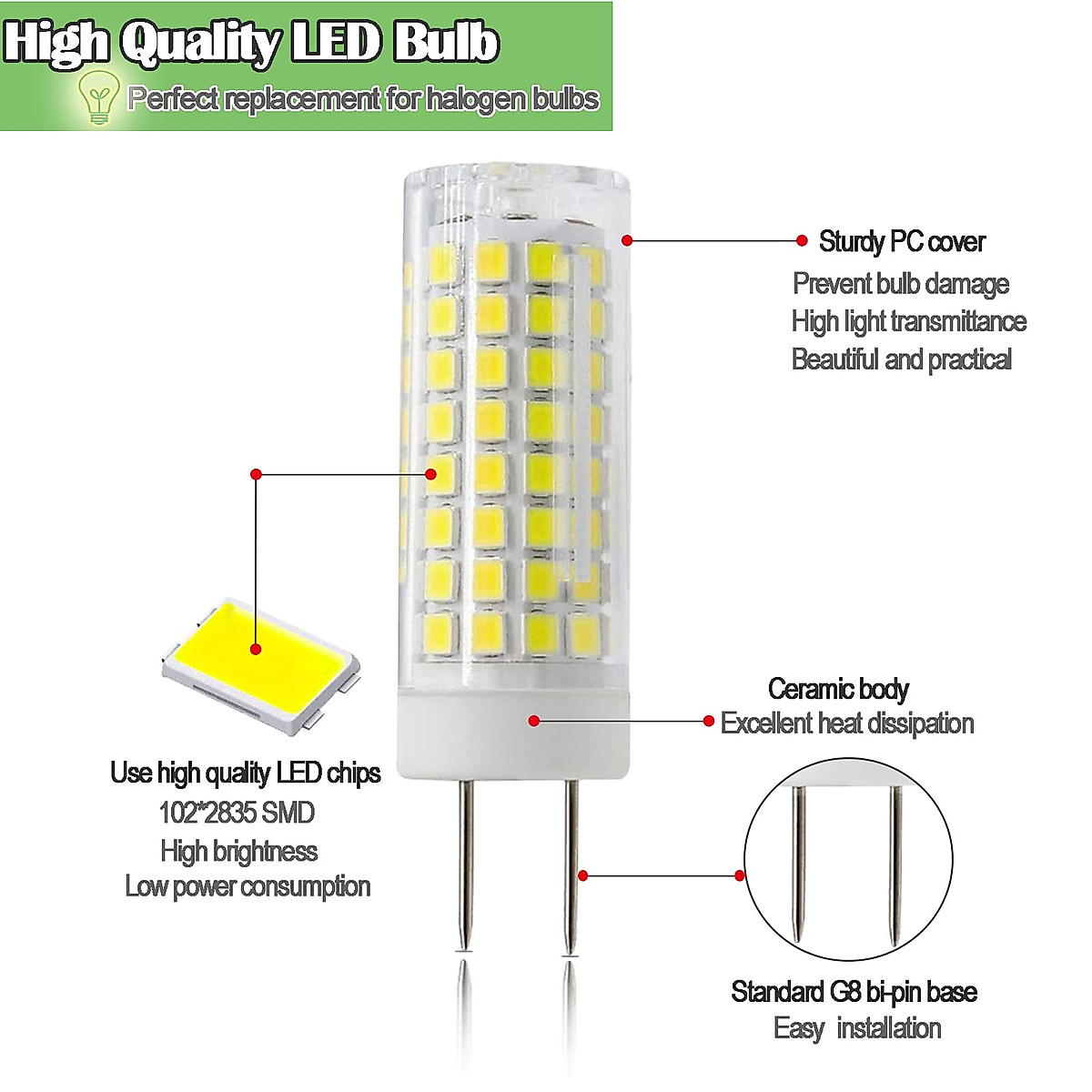 G8 LED Bulb Dimmable 7W Equivalent to G8 Halogen Bulb 75W-80W, GY8.6 /G8 Bi-Pin Base Light Bulb AC 120V G8 Bulb for Under Cabinet Light, Under Counter Kitchen Lighting White 6000K 2Pack