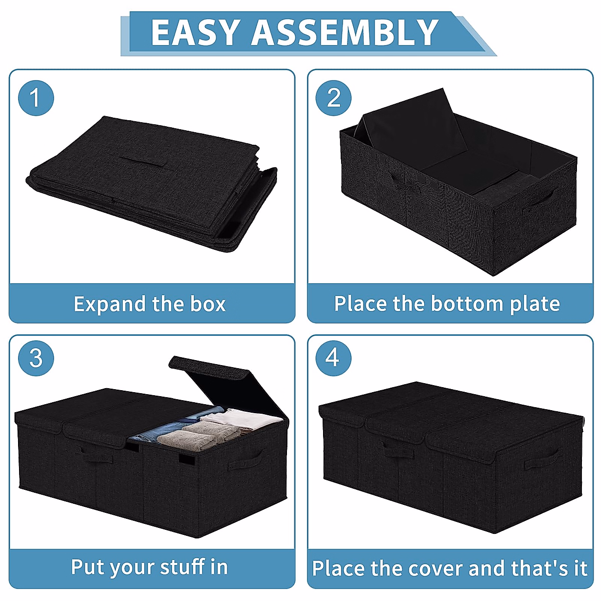 Hoyula Deep Under Bed Storage Container, 10" Tall Height Underbed Box Bin with Lids 31" Long Large Basket for Under Bed, Bedroom, Dorms, Clothes, Bed sheets, Blankets, 2 Pack, Black