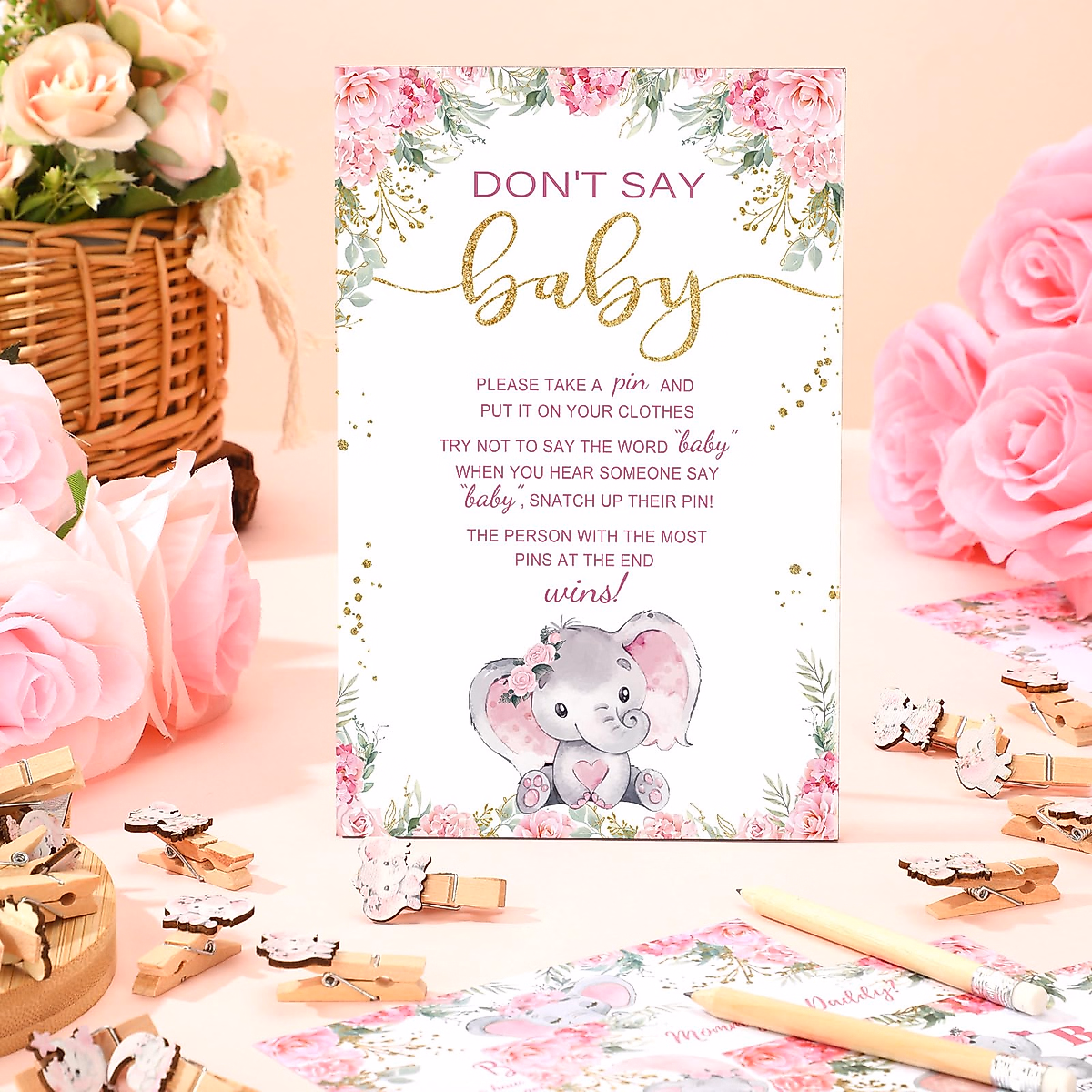 Patelai 321 Pcs Baby Shower Games Supplies, 5 Sets (50 Cards Each) Activities Cards with 20 Pencils 1 Don't Say Baby Sign 50 Clothespin(Pink Elephant)