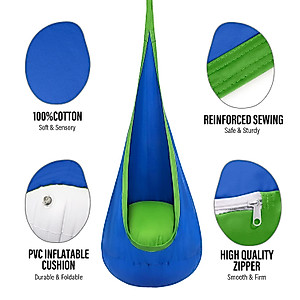 Grassman Pod Swing for Kids, Sensory Swing Indoor, Hanging Hammock Chair with Inflatable Pillow Hardware Kits Air Pump, Hanging Swing Chair for Bedroom Easy to Install, for Indoor Outdoor Use Blue