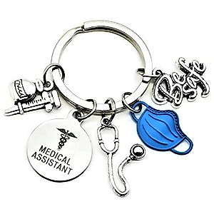 Kit's Kiss Medical Assistant Keychain MA Keychain Stethoscope Syringe Caduceus Medical Symbol Nursing School Graduation Medical Student Gift, Silver, Blue, Diameter of Key Ring : 1.2 inches (3 cm)