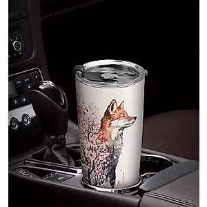 20oz Spring Cherry Blossom Fox Tumbler, Gifts for Fox Lovers, Coffee Thermos for Women, Stainless Steel Double Wall Vacuum Insulated Coffee Mug, Travel Cup with Lid
