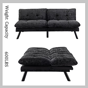 Modern Velvet Tufted Sofa Bed Futon with Armrest,Convertible Folding Couch Recliner,Sleeper Loveseat for Small Space,Living Room Apartments Dorms Office (Black)