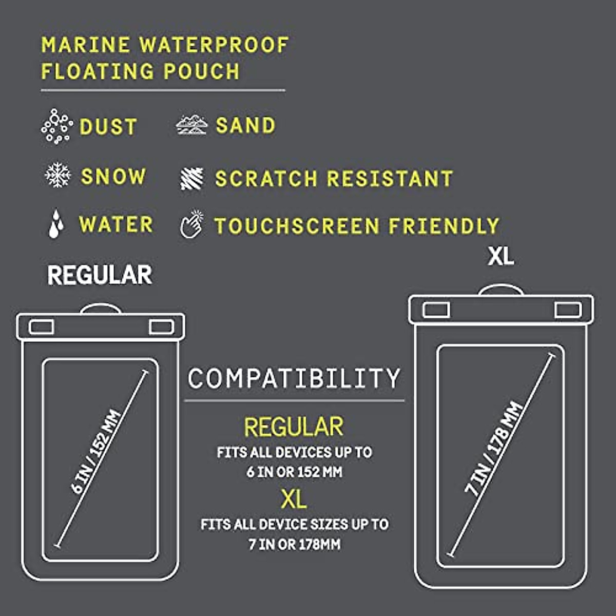 Pelican Marine - IP68 Waterproof Phone Pouch (XL Size) - Floating Waterproof Phone Case - iPhone 15 Pro Max/ 14 Pro Max/ 13 Pro Max/ 12/ S23 Ultra/ Pixel 7 - Detachable Lanyard - Black / Hi-Vis Yellow