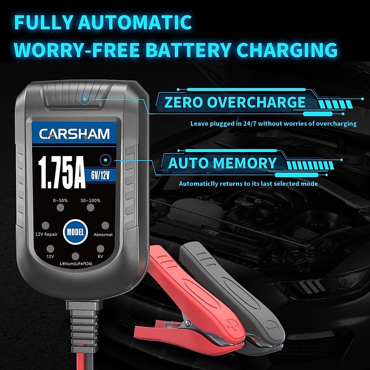 [4-Pack] CARSHAM Trickle Battery Charger 6V 12V Smart Float Charger Automatic Maintainer for Car Motorcycle Lawn Mower Tractor Automotive ATV Lead Acid and Lithium Batteries