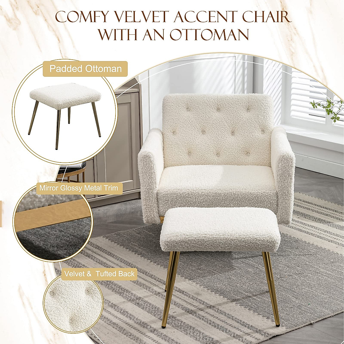 KINFFICT Velvet Accent Sofa Chair with Ottoman, Upholstered Comfy Lounge Armchair with Adjustable Armrests and Backrest, Living Room Single Recliner with Tufted Button Back, Cream White Teddy