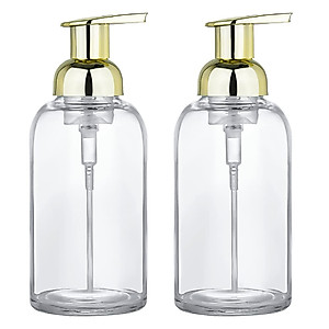 2 Pcs Foaming Soap Dispenser, Thick Glass Jar Soap Dispenser with Gold Foaming Pump, 13 ounce Round Bottles Dispenser with Foaming Pump