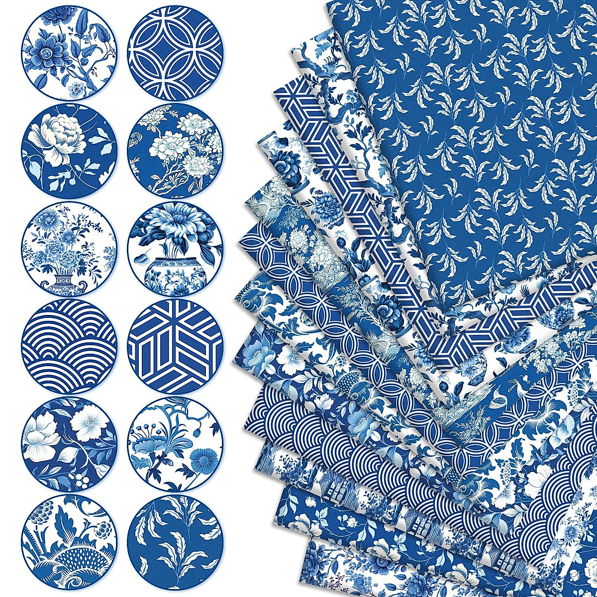 JarThenaAMCS 12Pcs Blue Chinoiserie Cotton Fabric Bundles 18 x 22 Inch White Blue China Fat Quarters Oriental Sewing Fabrics for DIY Craft Party Decor