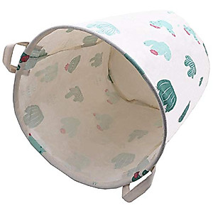 Large Storage Bins 19.7x15.7 Inch, ZUEXT Waterproof Foldable Cotton Canvas Fabric Storage Bin, Collapsible Round Clothes Laundry Hamper w/Leather Handles, Cactus Storage Basket, Toy Books Holder