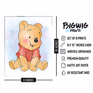 BigWig Prints Winnie the Pooh Nursery Decor - Winnie the Pooh Wall Art, Baby Nursery Wall Decor, Childrens Poster Prints for Classroom, Piglet Tigger Rabbit Eeyore Gifts - Unframed Set of 8 (8x10)