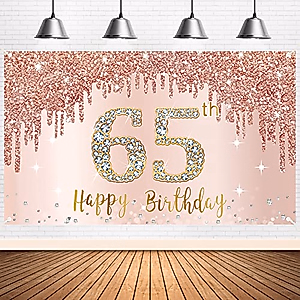 Happy 65th Birthday Banner Backdrop Decorations for Women, Rose Gold 65 Birthday Party Sign Supplies, Pink 65 Year Old Birthday Poster Background Photo Booth Props Decor