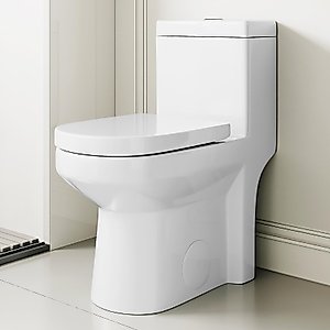Compact One Piece Toilet for Bathroom, Space-Saving Powerful Dual Flush Round Small Toilet, Average 1.28 GPF, Skirted Toilet with Upgraded UF Quiet & Soft Close Seat (12" Rough-in Toilet)
