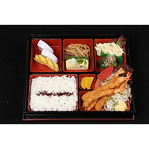 JapanBargain 1591, Red and Black Japanese Traditional Plastic Lacquered Lunch Bento Box 6 Compartments for Restaurant or Home Tray and Plate 2pc Set Made in Japan, 11.75"x9.5"