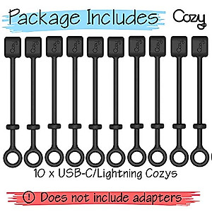 Cozy [10-Pack] Charging Cable Adapter Keeper/Holder/Tether, Compatible with (USB-C, Micro USB, Apple Pencil) adapters | Perfect for Keychain, Car, Travel (Black - 10 Pack)