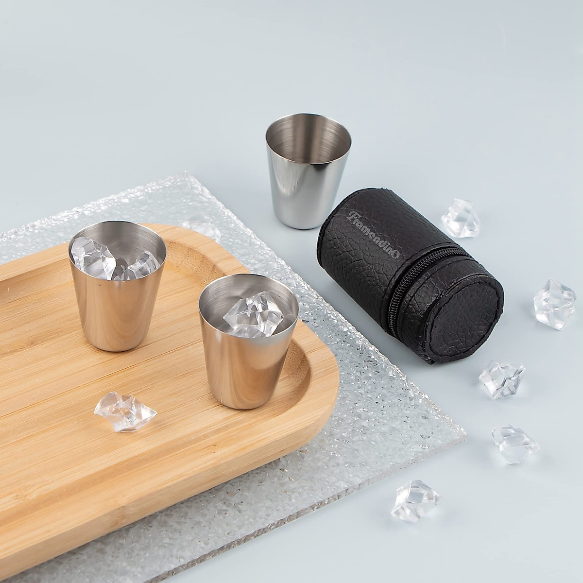 Framendino, 8 Pack Stainless Steel Shot Glass Espresso Shot Cups Barware Drinking Vessel with Black Leather Carrying Case for Home Outdoor(1 Ounce/30 ml)