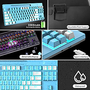 Bluetooth Mechanical Gaming Keyboard with Multi Backlit 87Key Anti-Ghosting Ergonomic Wired/Wireless 2.4Ghz USB Receiver Rechargeable 3300mAh Battery for PC Mac Gamer Typists (Blue White/Blue Switch)