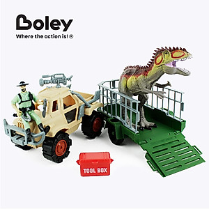 Boley Dinosaur Explorer Play Set - 13 Piece Dinosaur Toys Set with Roaring Giant T-Rex Dinosaur Toy, Explorer Figure, Large Truck, Tool Box, and More!