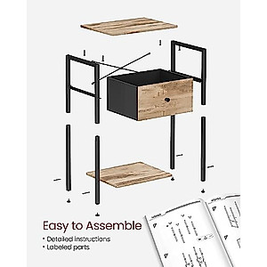 VASAGLE Nightstand, Side Fabric Drawer, 24-Inch Tall End Table with Storage Shelf, Bedroom, Toasted Oak