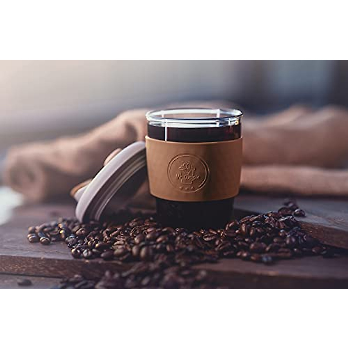 Mr.Cuppie 12 oz Glass Reusable Coffee Cups with Lids, Glass Travel Mugs with Non-slip Sleeve Dishwasher and Microwave Friendly Cup, Glass Tumbler Eco-Friendly Coffee Travel Mug (Mocha)