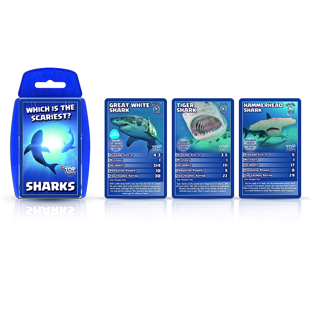 Top Trumps Sharks Classics Card Game, learn about Great White Sharks, Tiger Sharks and Hammerheads in this educational pack, gift and toy for boys and girls aged 6 plus