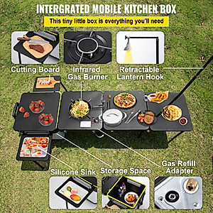VEVOR Camping Kitchen, Outdoor Cooking Station Multifunctional Integrated Box with Wheels & Windproof Stove Portable Folding Tables Storage Organizer, for Picnic BBQ Beach Traveling, Black