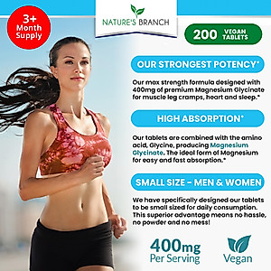 Magnesium Glycinate 400 mg - 200 Tablets - High Absorption, Non Buffered Bisglycinate Mag Supplement for Sleep, Leg Cramps, Heart, Ease Muscles, Calm Headaches for Women and Men, Non Powder Capsules