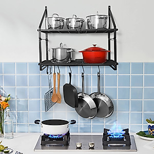 JS HANGER Pot Rack Wall Mounted, 2 Tier Pot and Pan Hanging Rack Organizer Wall Shelves with 16 Hooks for Kitchen Cookware Utensils Organization Black