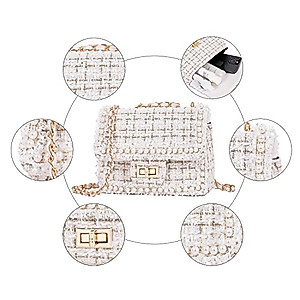 Qiayime Purse and Handbags for Women Fashion Tweed Pearl Top Handle Satchel Shoulder Tote bead chain Crossbody Clutch Bag (White)