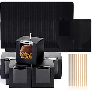 ZEAYEA 50 Pack Candy Apple Boxes with Hole and Sticks, 4" x 4" x 4" Caramel Apples Gift Box with Clear Window for Party, Wedding, Halloween, Thanksgiving, Carboard Treat Box for Candy Making