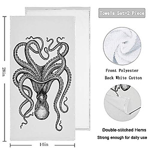 Naanle Chic Octopus Engraving Print Luxury 2 Piece Soft Fluffy Guest Decor Hand Towels, Multipurpose for Bathroom, Hotel, Gym and Spa (14" x 28",Black White)
