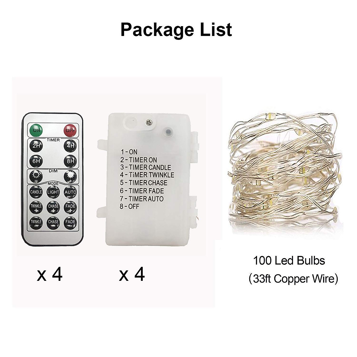 WSgift 4 Pack 33Ft 100 Cool White Led Fairy Lights Battery Operated with Remote Control Timer Waterproof Silver Copper Wire Twinkle Lights