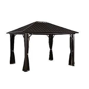 Sojag 10' x 12' Genova Hardtop Gazebo Outdoor Weather-Resistant Aluminum Frame Shelter with Mosquito Net Dark Brown