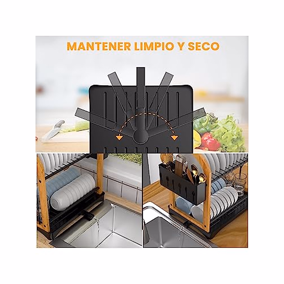 MENGK Efficient and Stylish 2-Tier Drying Dish Rack with Drain Board Set - Organize Your Kitchen Counter and Keep Dishes Neatly Arranged - Metal Black Design