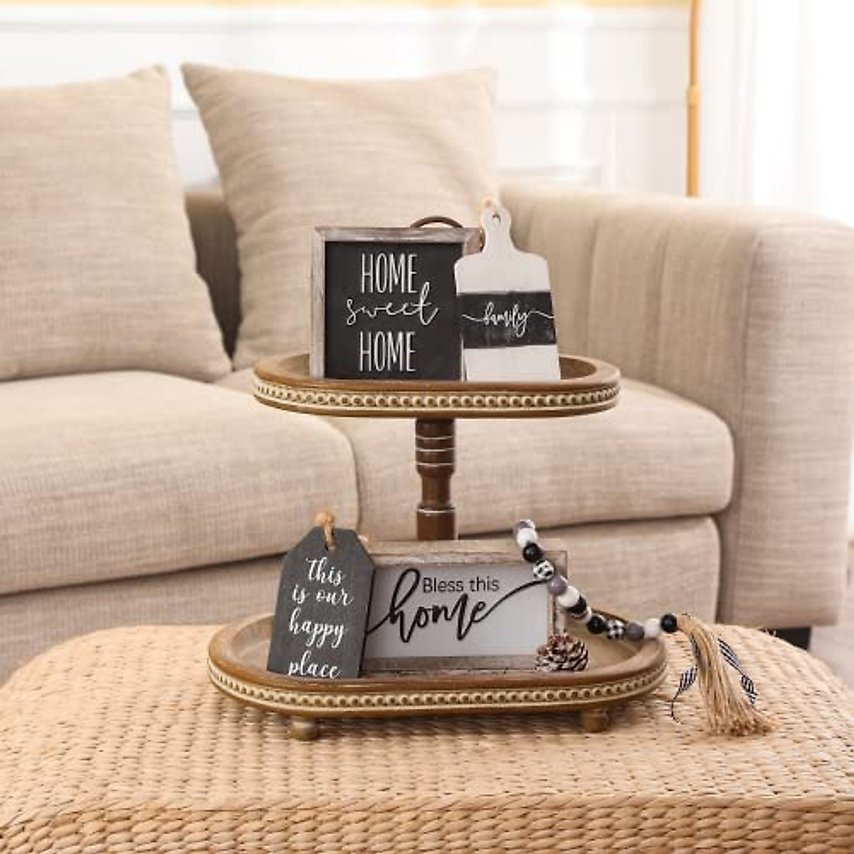 FESTWIND Oval Tiered Tray, Beaded Rustic Tiered Tray, Two Tiered Tray Stand for Kitchen Counter, Farmhouse Decorative Trays for Home Decor Distressed Brown