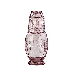 Elle Décor Vintage Bedside Water Carafe With Tumbler – Elegant Pitcher and Matching Drinking Glass Doubles As Lid For Guest Room, Office-Makes A Gift, 4.7x10.4, Pink