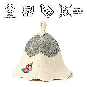 Natural Textile Sauna Hat 'Sauna Flower' White - 100% Organic Wool Felt Hats for Russian Banya - Protect Your Head from Heat - Sauna eBook Guide Included - with Embroidery