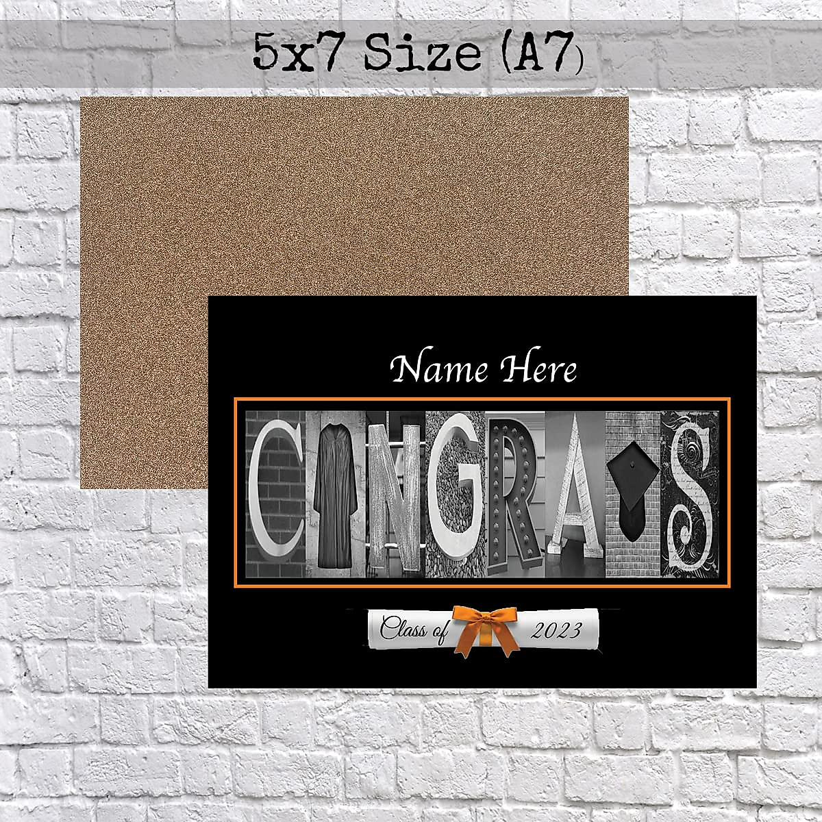 Personalized Congrats Class of 2023, 2024, Graduation Cards, 5"x7" Flat or Folded Card choice envelope color,Custom Grad, Elegant, Letter Art, Scroll, School Color, College (Orange)