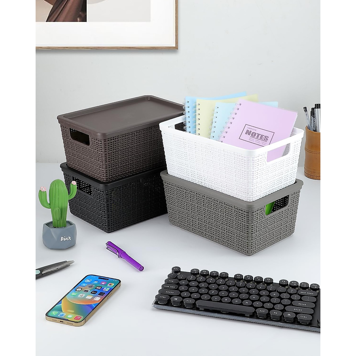 EOENVIVS Plastic Storage Basket with Lids Set of 6 Lidded Storage Bins Shelf Baskets for Organizing Containers Small Baskets for Shelves Drawers Desktop Closet Playroom Classroom Office, Grey