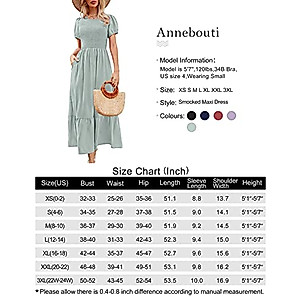 Annebouti 2023 Women's Summer Puff Short Sleeve Dress Modest Flowy A Line Ruffle Tiered Long Casual Smocked Maxi Dress with Pockets Solid Light Green S