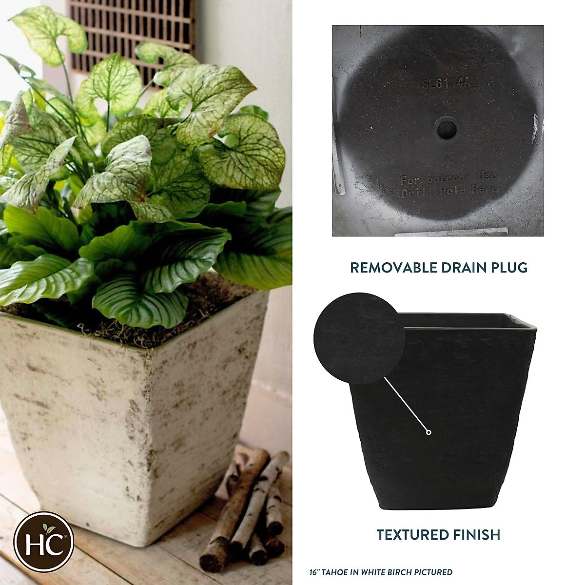 The HC Companies 16 Inch Tall Tahoe Square Planter - Premium Decorative Planter Made from Crushed Stone Resin for Indoor Outdoor Use, Slate