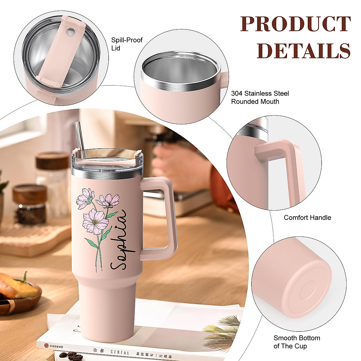UNIGIFTIME Customized 40oz Tumbler with Handle and Straw, Personalized Stainless Steel Insulated Tumbler with Birth Flower and Name, Personalized Birthday Gifts for Women and Men, Mother's Day Gift