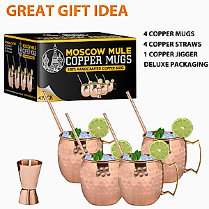 Gold Armour Moscow Mule Copper Mugs - Set of 4-100% HANDCRAFTED Solid Copper Mugs, Gift set with 4 Copper Straws and Jigger